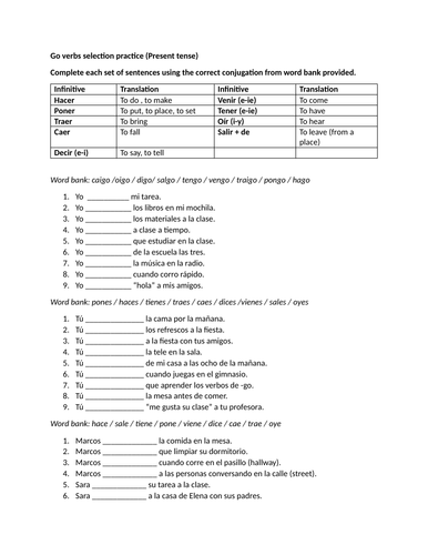 Go verbs selection practice (Present tense) | Teaching Resources