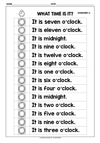 ENGLISH TELLING TIME O'CLOCK WORKSHEETS FREEBIE | Teaching Resources