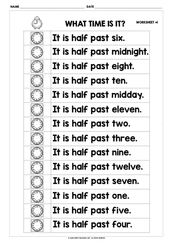 ENGLISH TELLING TIME HALF PAST WORKSHEETS FREEBIE | Teaching Resources