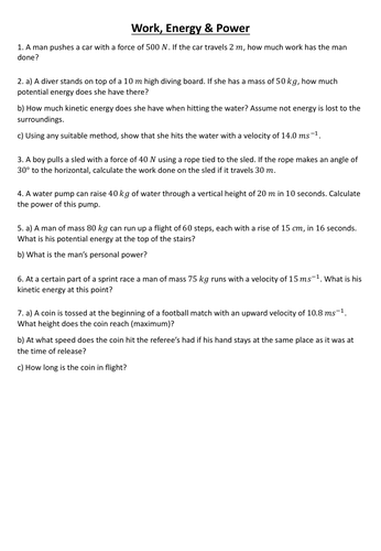 AQA Unit 4: Work, Energy & Power Questions (A-Level) | Teaching Resources