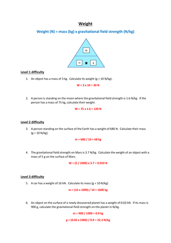 GCSE Physics Weight (W=mg) Questions and Answers | Teaching Resources