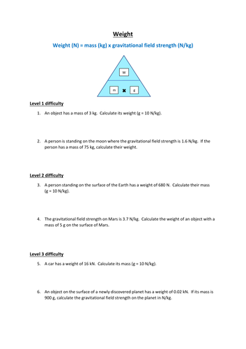 GCSE Physics Weight (W=mg) Questions and Answers | Teaching Resources