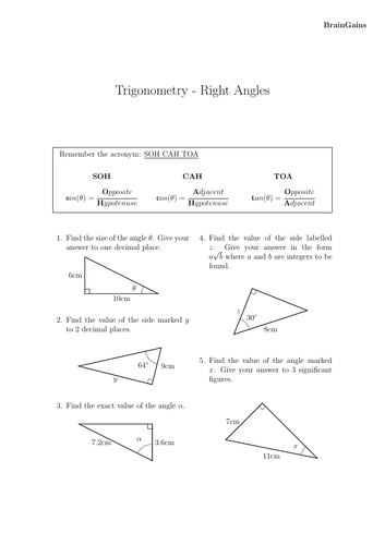 Trigonometry (Right Angled Triangles) | Teaching Resources