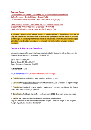 GCSE Business - Profit Margin Scenarios | Teaching Resources