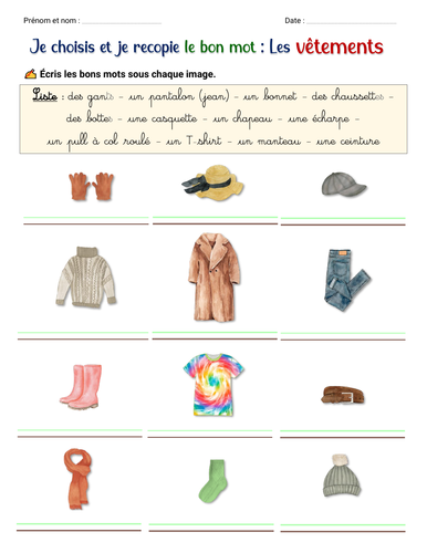 (French A1) Vocabulary: clothes (les vêtements) | Teaching Resources