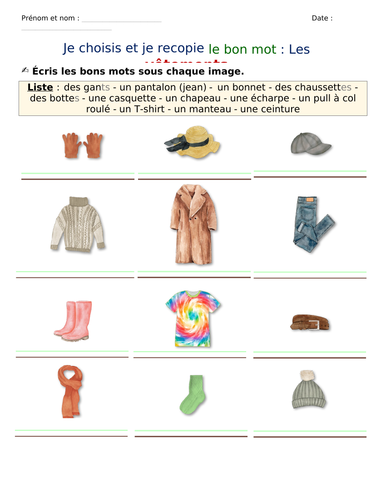 (French A1) Vocabulary: clothes (les vêtements) | Teaching Resources