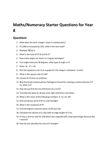 Maths Starter Questions - Year 8 | Teaching Resources