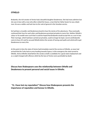 Year 6: an introduction to Shakespeare: a synopsis of the play "Othello ...