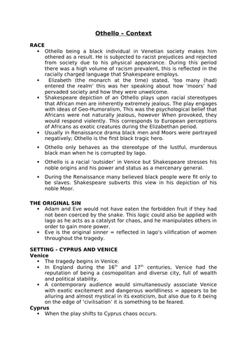 Othello A level English Lit Context AO3 | Teaching Resources
