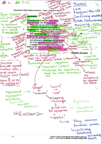 Remember by Christina Rossetti Annotations iGCSE | Teaching Resources