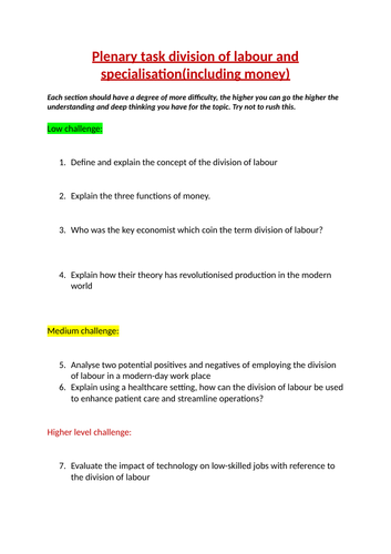 EDEXCEL A LEVEL division of labour | Teaching Resources