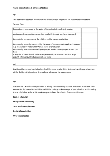 EDEXCEL A LEVEL division of labour | Teaching Resources