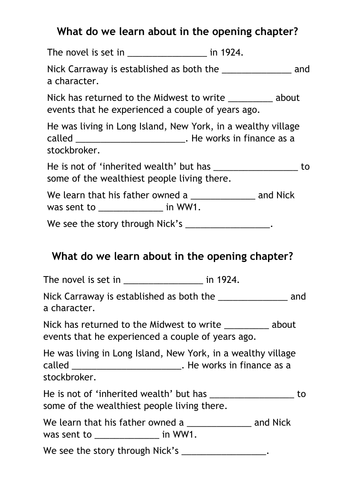 The Great Gatsby - Unit of Work Chapter 1-5 | Teaching Resources