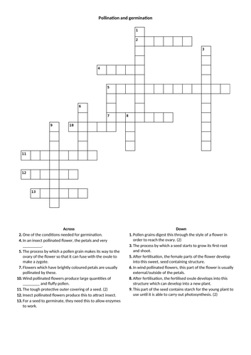 Crossword and keyword definition list: Plant reproduction, pollination ...
