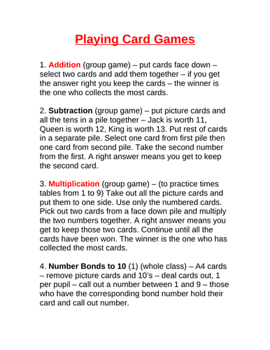 A4 size playing cards for Maths games | Teaching Resources