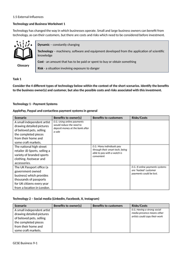 Technology and Business Worksheet 1.5 External Business GCSE | Teaching ...