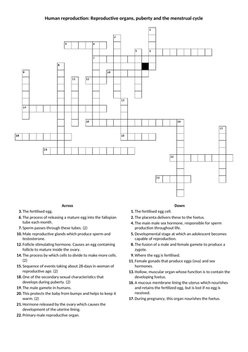 GCSE crossword and keyword definitions: Human reproduction | Teaching ...