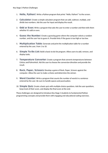 1. Key Stage 3 Python Challenges with Answers (Sheet 1) | Teaching ...