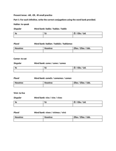 Present tense: -AR, -ER, -IR small practice | Teaching Resources