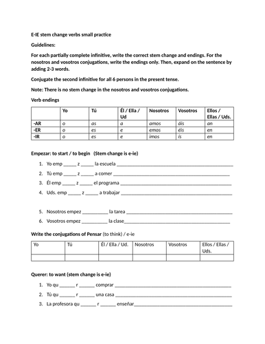 E-IE stem change verbs small practice | Teaching Resources