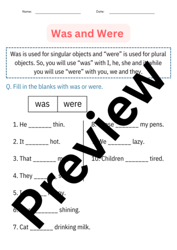 Printable Was and Were Grammar Worksheets and Activities for Being ...