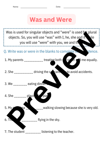 Printable Was and Were Grammar Worksheets and Activities for Being ...