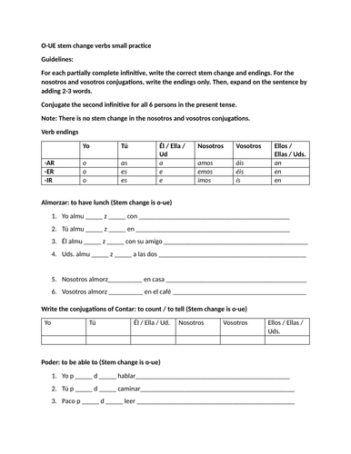 O-UE stem change verbs small practice | Teaching Resources