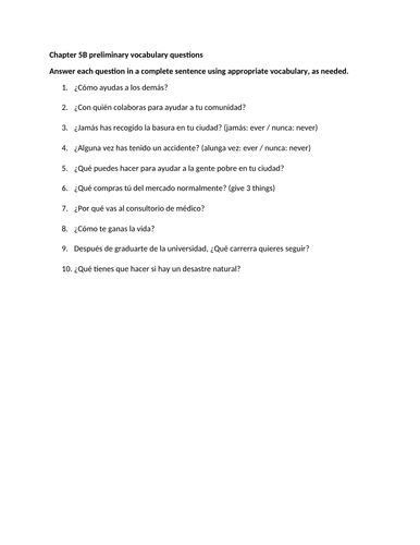 Realidades 3 chapter 5B pre vocab questions | Teaching Resources