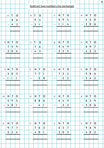 Column Subtraction Grid Paper Worksheets | Teaching Resources