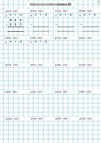 Column Subtraction Grid Paper Worksheets | Teaching Resources