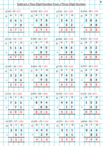 Column Subtraction Grid Paper Worksheets | Teaching Resources