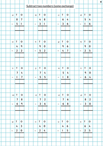 Column Subtraction Grid Paper Worksheets | Teaching Resources