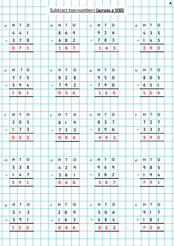 Column Subtraction Grid Paper Worksheets | Teaching Resources
