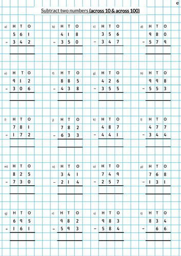 Column Subtraction Grid Paper Worksheets | Teaching Resources