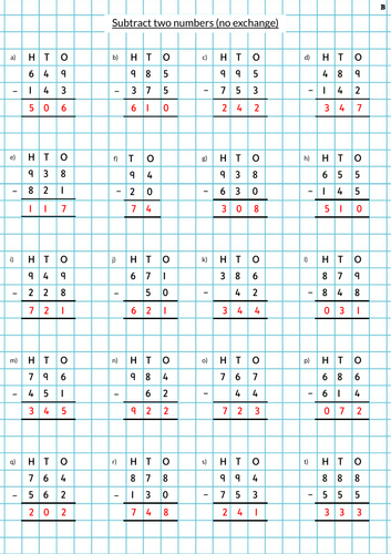 Column Subtraction Grid Paper Worksheets | Teaching Resources