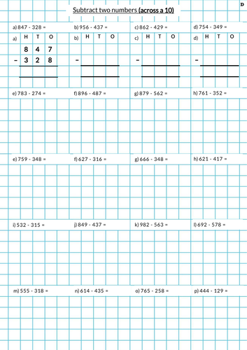 Column Subtraction Grid Paper Worksheets | Teaching Resources