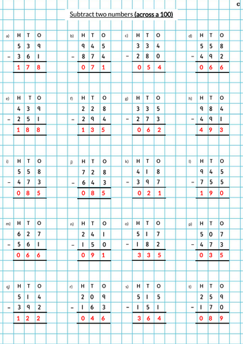 Column Subtraction Grid Paper Worksheets | Teaching Resources