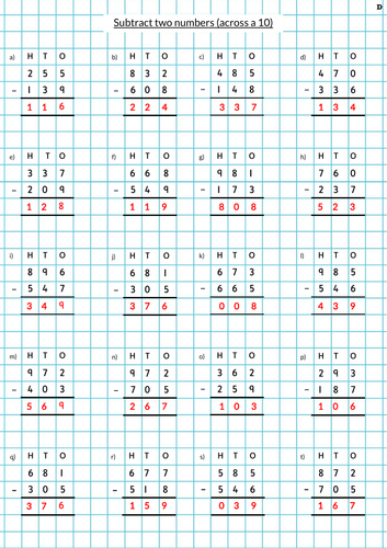 Column Subtraction Grid Paper Worksheets | Teaching Resources