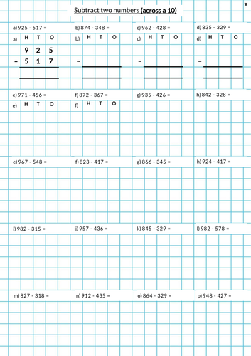 Column Subtraction Grid Paper Worksheets | Teaching Resources