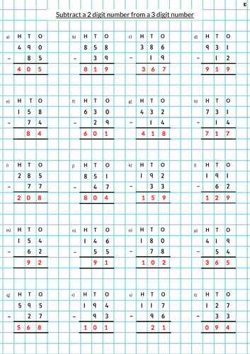 Column Subtraction Grid Paper Worksheets | Teaching Resources