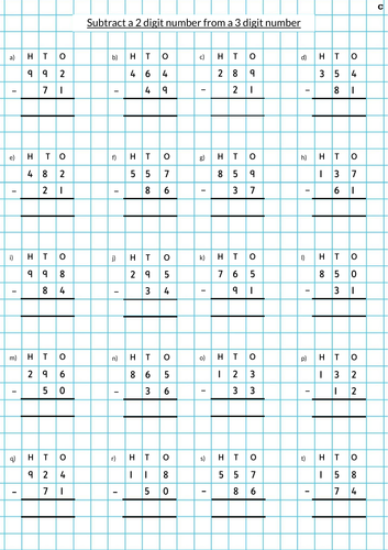 Column Subtraction Grid Paper Worksheets | Teaching Resources