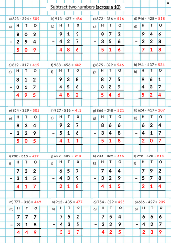 Column Subtraction Grid Paper Worksheets | Teaching Resources