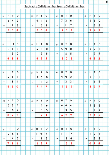 Column Subtraction Grid Paper Worksheets | Teaching Resources