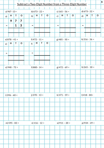Column Subtraction Grid Paper Worksheets | Teaching Resources