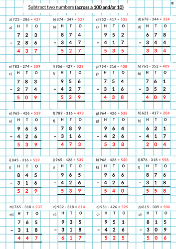 Column Subtraction Grid Paper Worksheets | Teaching Resources