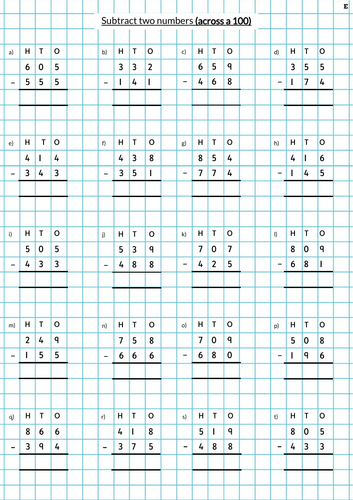 Column Subtraction Grid Paper Worksheets | Teaching Resources
