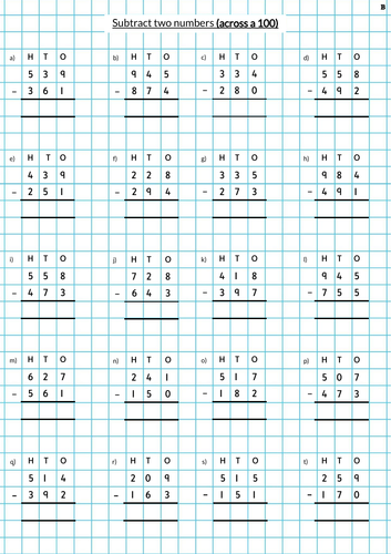 Column Subtraction Grid Paper Worksheets | Teaching Resources