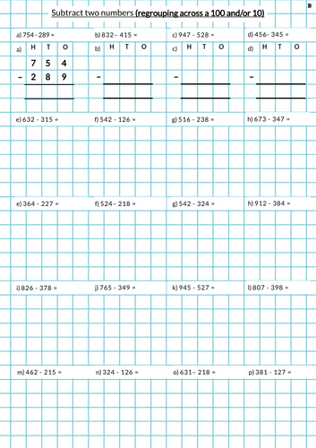 Column Subtraction Grid Paper Worksheets | Teaching Resources