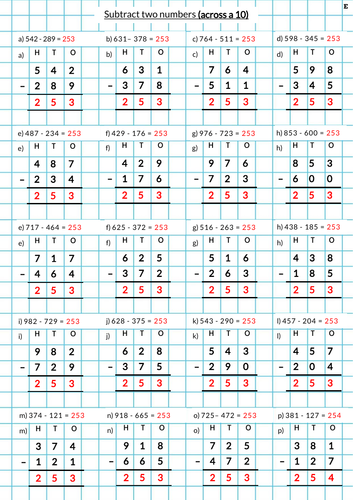 Column Subtraction Grid Paper Worksheets | Teaching Resources