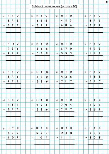 Column Subtraction Grid Paper Worksheets | Teaching Resources